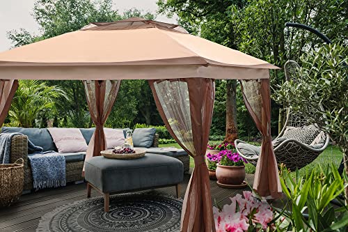 Sophia & William 11' x 11' Pop Up Gazebo Foldable Canopy with Netting and Curtain Portable Wheeled Bag, Brown Double-roof Gazebo for Patio Lawn Garden Backyard