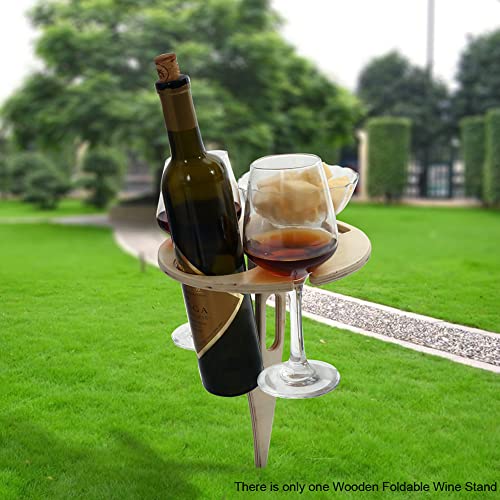 JIANWEI Foldable Wine Table Stake for Sand and Grass- Portable Beach Table Sturdy Wine Table, Lawn and Garden, Round Wooden Camping Picnic Glass Holder for Outdoor, Beach(C)