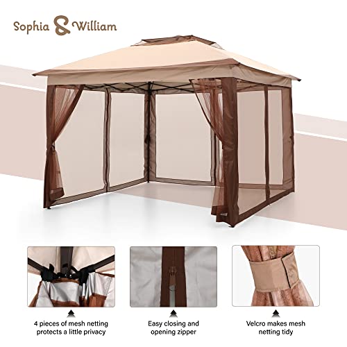 Sophia & William 11' x 11' Pop Up Gazebo Foldable Canopy with Netting and Curtain Portable Wheeled Bag, Brown Double-roof Gazebo for Patio Lawn Garden Backyard