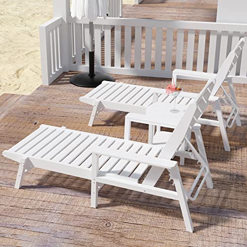 LyuHome Outdoor Lounge Chairs Set of 3, Lounge Beach Chairs for Outside, Pool Chaise Chairs and Side Table Set Patio Furniture Weather-Resistant Adjustable(White)