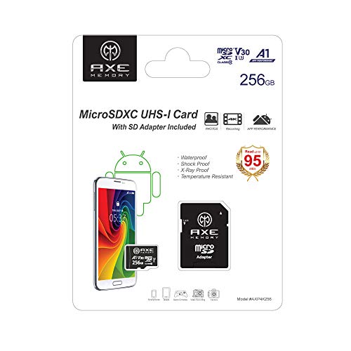 AXE MEMORY 256GB microSDXC Memory Card + SD Adapter with A1 App Performance, V30 UHS-I U3 4K