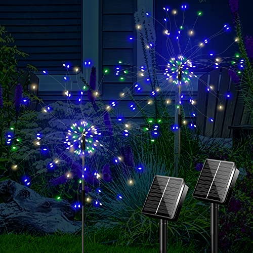 Solar Garden Lights Outdoor Christmas Decorations, 2 Pack 210 LED 2 Lighting Modes Waterproof Fireworks Lamps, Starburst String Lights for Patio Yard Pathway Parties Landscape Decor(Colorful)
