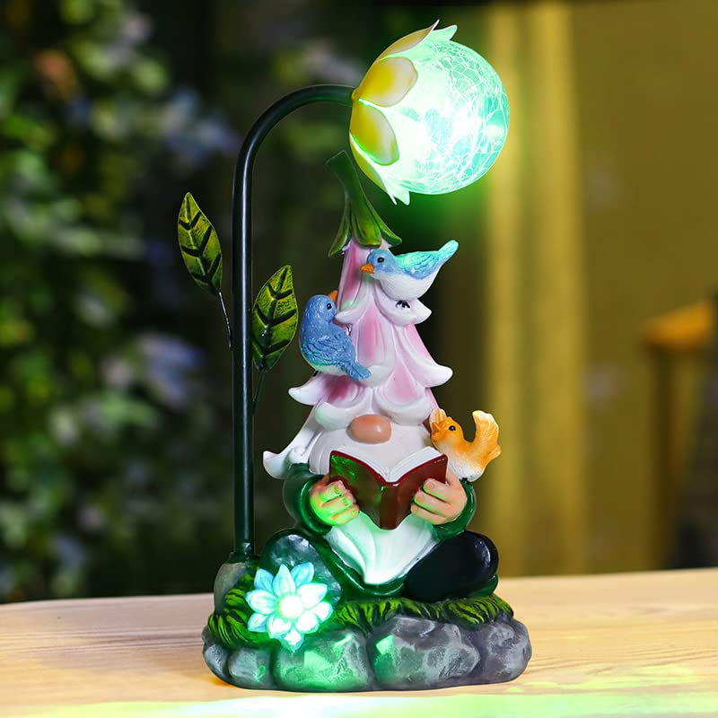 MOOTKA Garden Gnome & Books Statue Garden Gnomes with Solar Light Outdoor, Garden Gnome Statues Solar Powered Light Home Decor, Gifts for Mother's Day for Home Yard Outside Patio Lawn (Green)