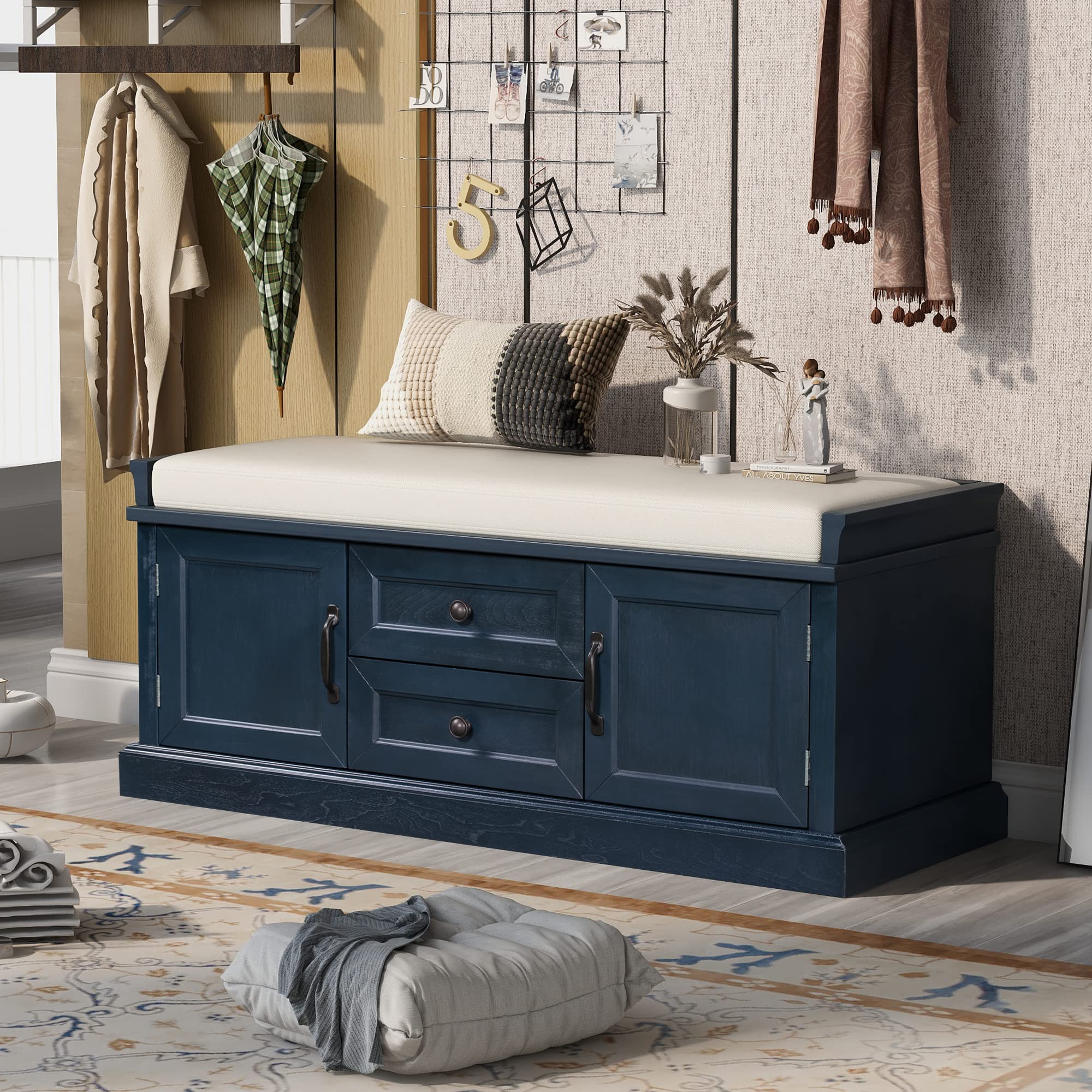KLIECH Storage Removable Cushion 2 Drawers and 2 Cabinets,Wooden Shoe Bench for Hallway Entryway Living Room,Antique Navy, 1