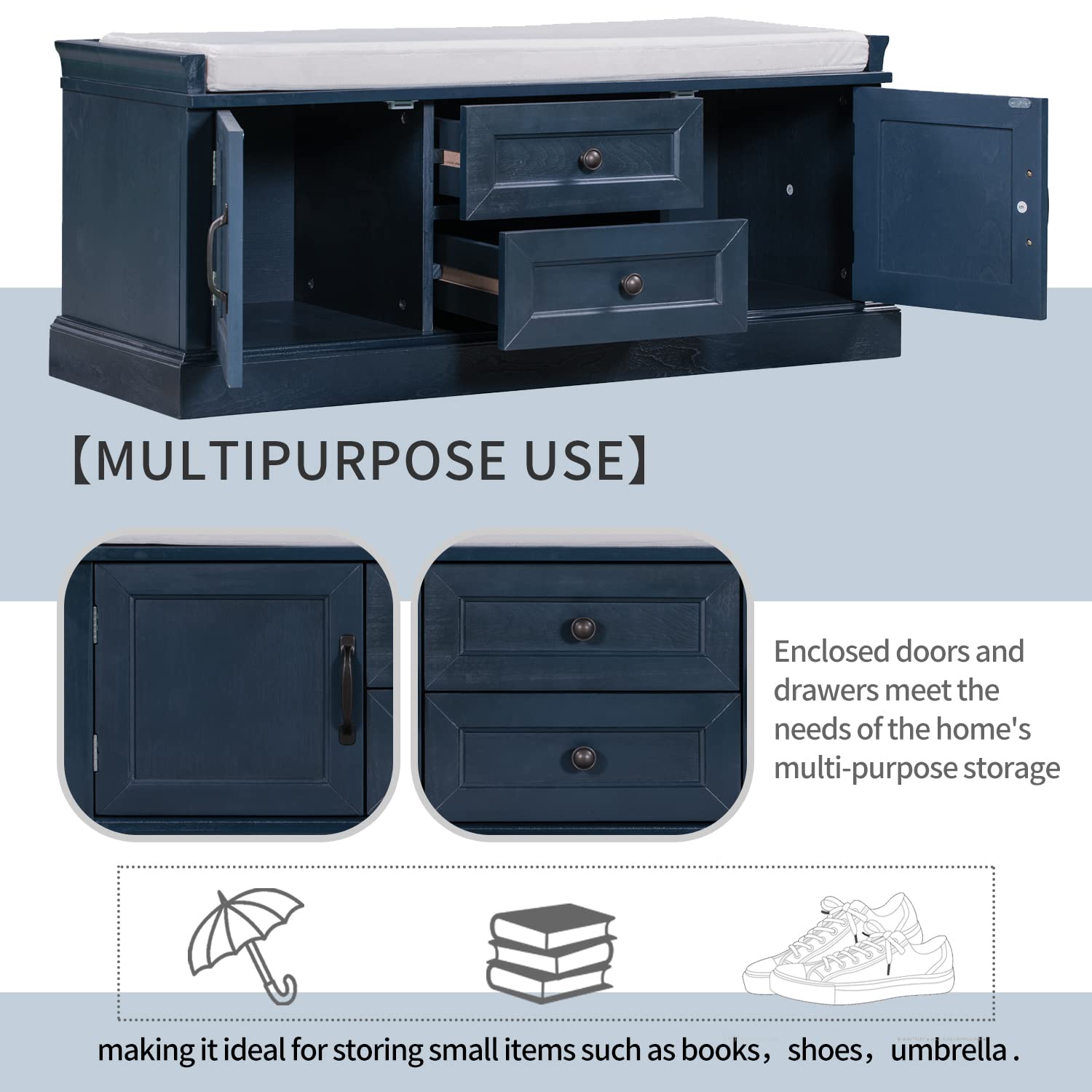 KLIECH Storage Removable Cushion 2 Drawers and 2 Cabinets,Wooden Shoe Bench for Hallway Entryway Living Room,Antique Navy, 1