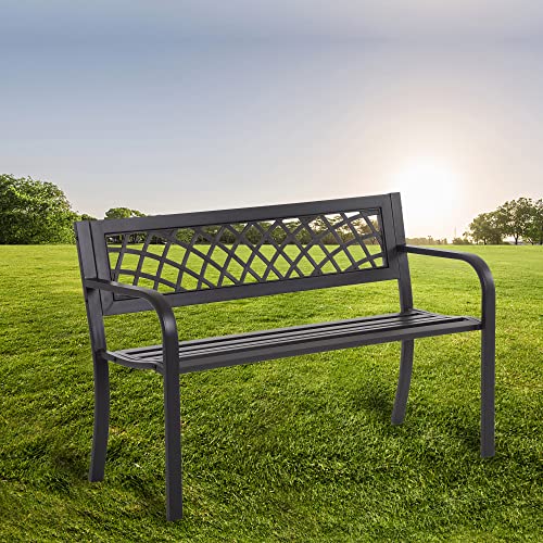 Garden Bench Outdoor Metal Park Benches Cast-Iron Patio Bench with Mesh Pattern Plastic Backrest Armrests for Patio Park Lawn Yard,Black