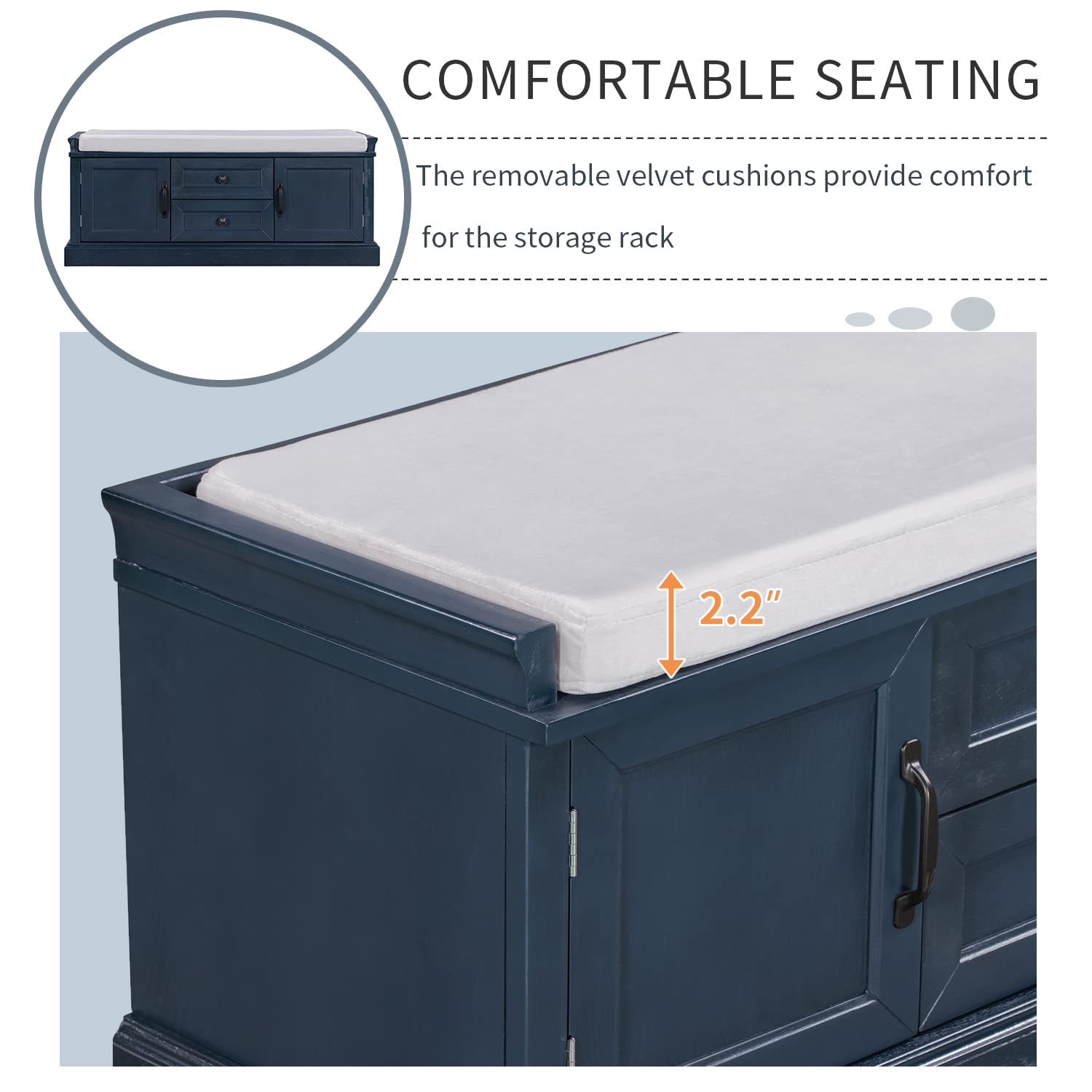 KLIECH Storage Removable Cushion 2 Drawers and 2 Cabinets,Wooden Shoe Bench for Hallway Entryway Living Room,Antique Navy, 1