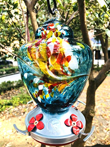 REZIPO Hummingbird Feeder with Perch - Hand Blown Glass - Blue - 38 Fluid Ounces Hummingbird Nectar Capacity Include Hanging Wires and Moat Hook