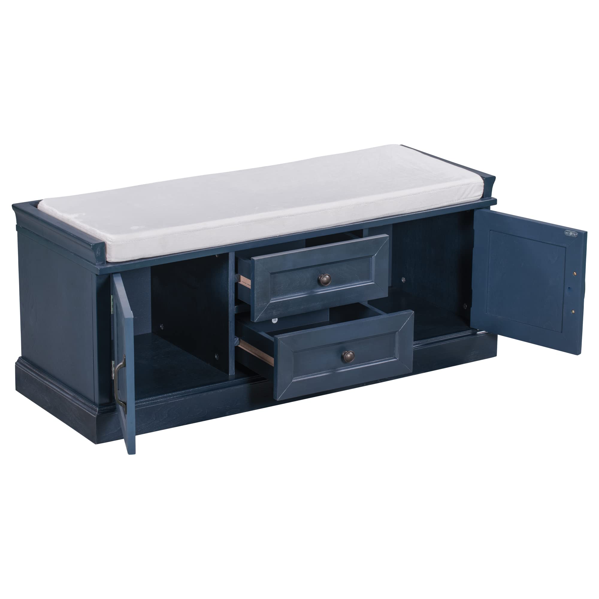 KLIECH Storage Removable Cushion 2 Drawers and 2 Cabinets,Wooden Shoe Bench for Hallway Entryway Living Room,Antique Navy, 1