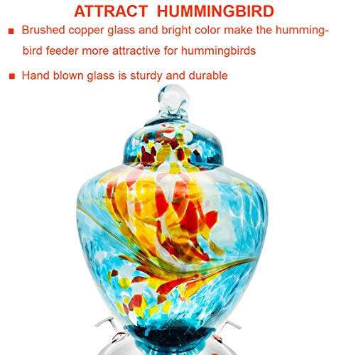REZIPO Hummingbird Feeder with Perch - Hand Blown Glass - Blue - 38 Fluid Ounces Hummingbird Nectar Capacity Include Hanging Wires and Moat Hook