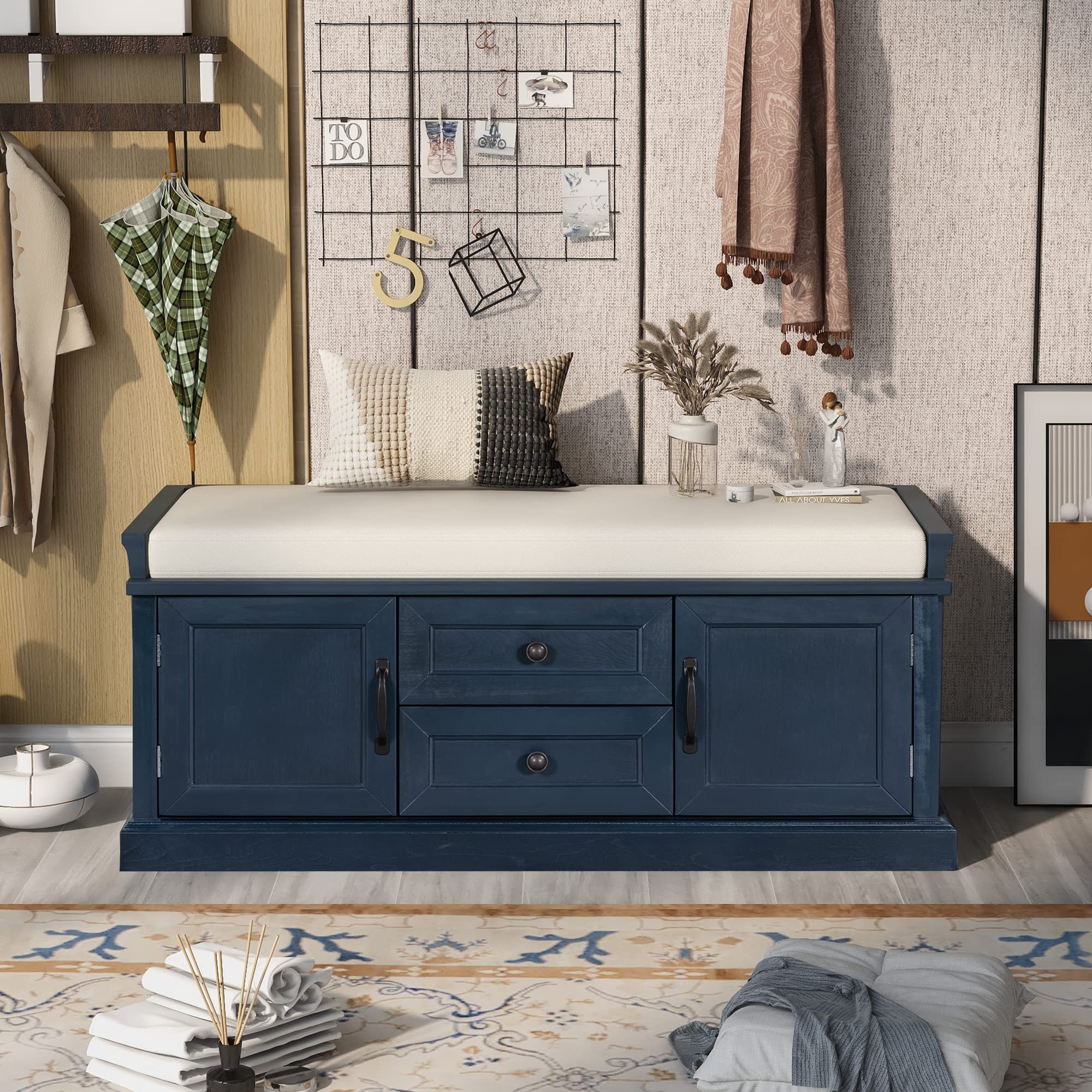 KLIECH Storage Removable Cushion 2 Drawers and 2 Cabinets,Wooden Shoe Bench for Hallway Entryway Living Room,Antique Navy, 1