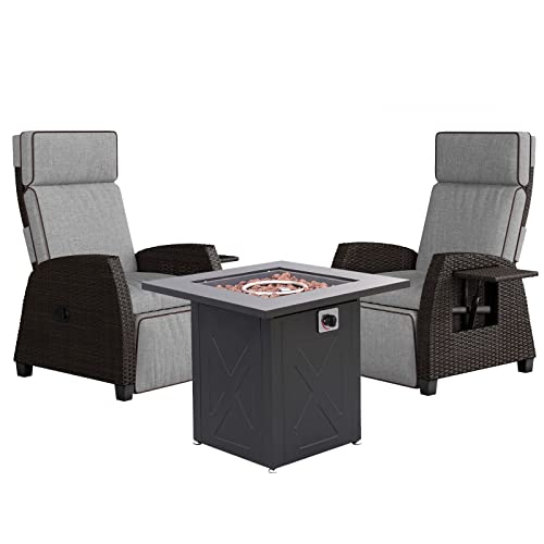 Grand patio Outdoor Furniture with Fire Pit Table Recliner Wicker Chairs 3 Pieces Reclining Chair for Patio Garden Backyard, Cool Grey