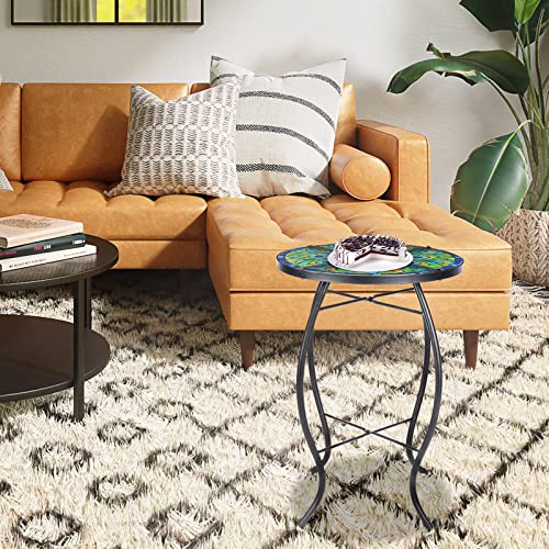 MUMTOP Outdoor Side Table - Small Mosaic Patio Table, Peacock 14β Round Accent End Coffee Table Glass Plant Stand for Garden Patio Living Room(Green)