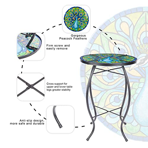 MUMTOP Outdoor Side Table - Small Mosaic Patio Table, Peacock 14β Round Accent End Coffee Table Glass Plant Stand for Garden Patio Living Room(Green)