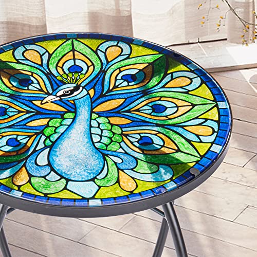 MUMTOP Outdoor Side Table - Small Mosaic Patio Table, Peacock 14β Round Accent End Coffee Table Glass Plant Stand for Garden Patio Living Room(Green)