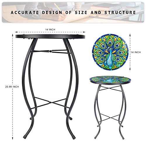 MUMTOP Outdoor Side Table - Small Mosaic Patio Table, Peacock 14β Round Accent End Coffee Table Glass Plant Stand for Garden Patio Living Room(Green)