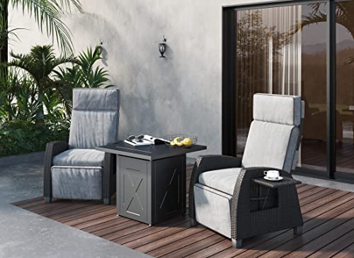 Grand patio Outdoor Furniture with Fire Pit Table Recliner Wicker Chairs 3 Pieces Reclining Chair for Patio Garden Backyard, Cool Grey