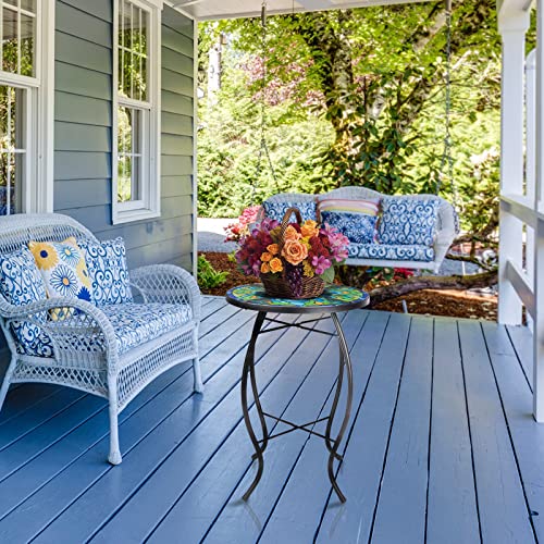 MUMTOP Outdoor Side Table - Small Mosaic Patio Table, Peacock 14β Round Accent End Coffee Table Glass Plant Stand for Garden Patio Living Room(Green)
