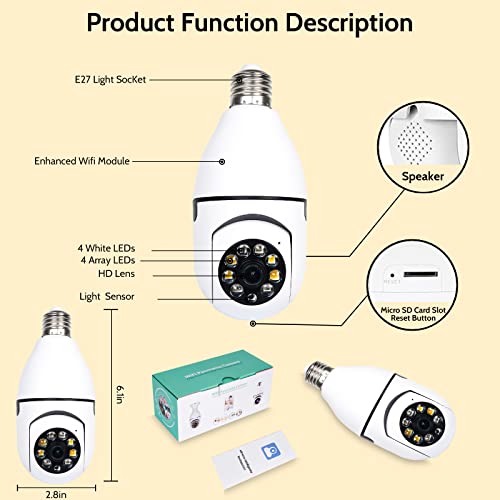 ORLMA Wireless WiFi Light Bulb Camera, 360 Degree E27 Bulb Security Camera Outdoor, Home Cameras with Human Motion Detection and Alarm (1PCS)