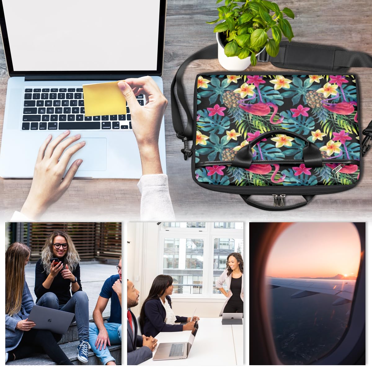Flamingo Pineapple Pattern Laptop Computer Bag Waterproof Shoulder Messenger Bag 13-15 inch Durable Laptop Tote Bag with Shoulder Strap Handle Lightweight Crossbody Briefcase