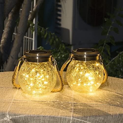 ROSHWEY Solar Lantern, 2 Pack Garden Decor Waterproof Outdoor Lanterns with 30 LED Christmas Decorations Solar Lights Patio Hanging Lights for Backyard Fence Pathway, Warm White