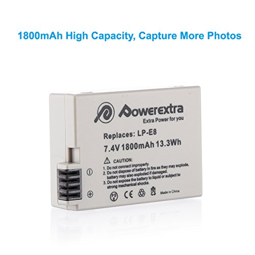 Powerextra LP E8 2 Pack 7.4V 1800mAh Li-ion Replacement Compatible with Canon LP-E8 Battery for Canon Rebel T3i, T2i, T4i, T5i, 600D, 550D, 650D, 700D, Kiss X5, X4, Kiss X6, LC-E8E