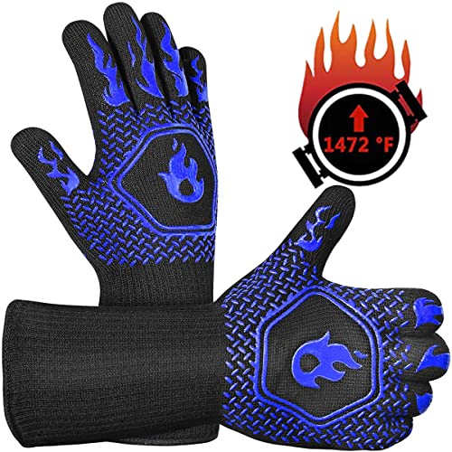 BBQ Fireproof Gloves - Grill Cut-Resistant Gloves 1472°F Extreme Heat Resistant, Silicone Non-Slip Oven Gloves for for Kitchen Garden BBQ Grilling and Outdoor Cooking Campfire