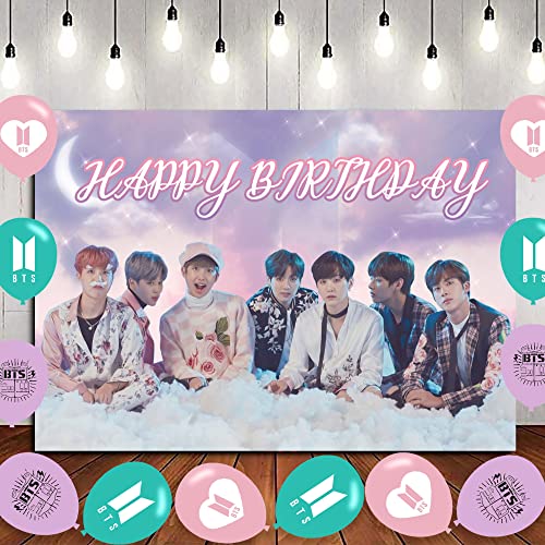 BTS Bangtan Boys Happy Birthday Backdrop Cartoon BTS Banner Poster for Bangtan Boys Fans Girls BTS Theme Party Decorations Kpop Bangtan Boys Birthday Supplies Background Studio Shoot Photo Props Booth