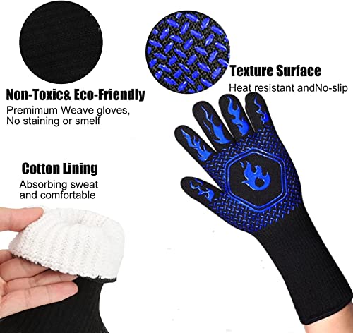 BBQ Fireproof Gloves - Grill Cut-Resistant Gloves 1472°F Extreme Heat Resistant, Silicone Non-Slip Oven Gloves for for Kitchen Garden BBQ Grilling and Outdoor Cooking Campfire
