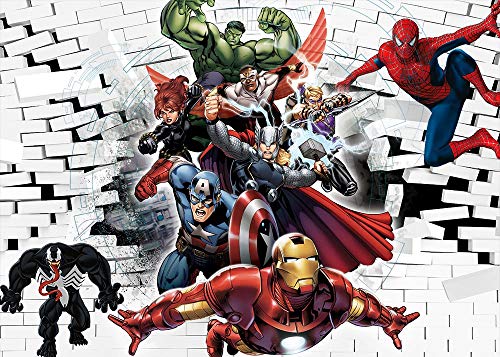 Superman Theme Photography Backdrop Super City Spiderman White Brick Wall Photo Background for Superhero Spiderman Kids Birthday Party Cake Tale Decor Banner Studio Booth Props 7x5ft