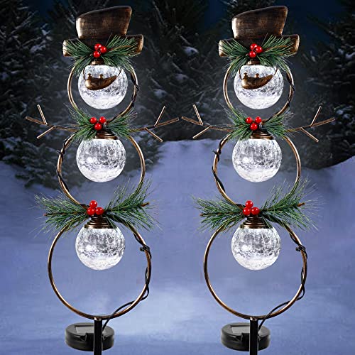 GUOOU Solar Christmas Yard Decorations, Outdoor LED Solar Powered Glass Ball Lights, Xmas Snowman Pathway Lights, Metal Solar Garden Stake Lights, Snowman Christmas Lawn Yard Ornament, Set of 2