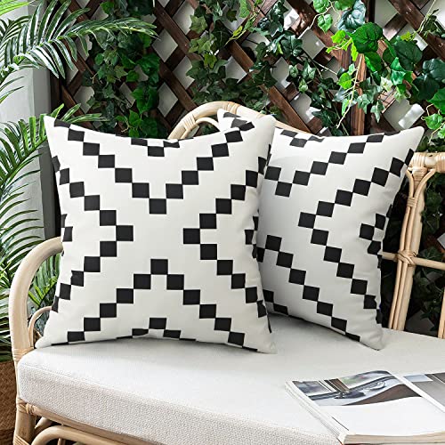JASEN Outdoor Waterproof Boho Throw Pillow Covers, Black and White Geometric Decorative Pillow Cases for Patio Garden, Set of 2 18X18