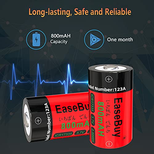 EaseBuy Arlo Rechargeable Batteries, 800mAH 123A Rechargeable Batteries for Arlo VMS3130 VMC3030 VMK3200 VMS3330 3430 3530 Cameras, Alarm System, Flashlight (4-Pack)