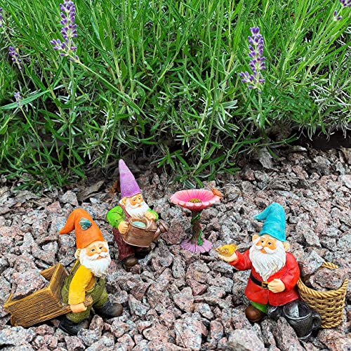 Mood Lab Miniature Gardening Gnomes Set of 4 pcs - 3,5" H Garden Gnome Figurines & Accessories Kit - Outdoor or House Decor