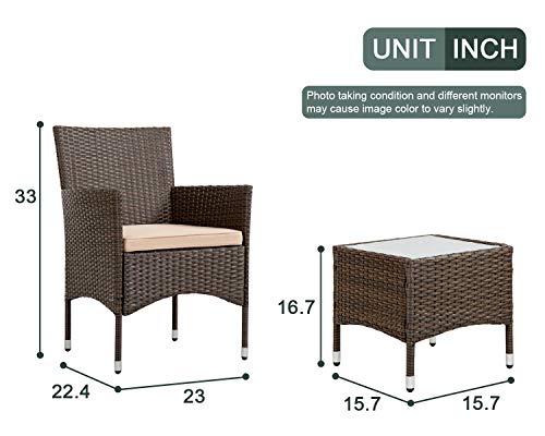 3 Pieces Patio Furniture Set Outdoor Wicker Bistro Set Rattan Chair w/ Thickened Cushions & Table Conversation Sets Patio Sofa Wicker Table Set for Yard Backyard Lawn Porch Poolside Balcony, Khaki