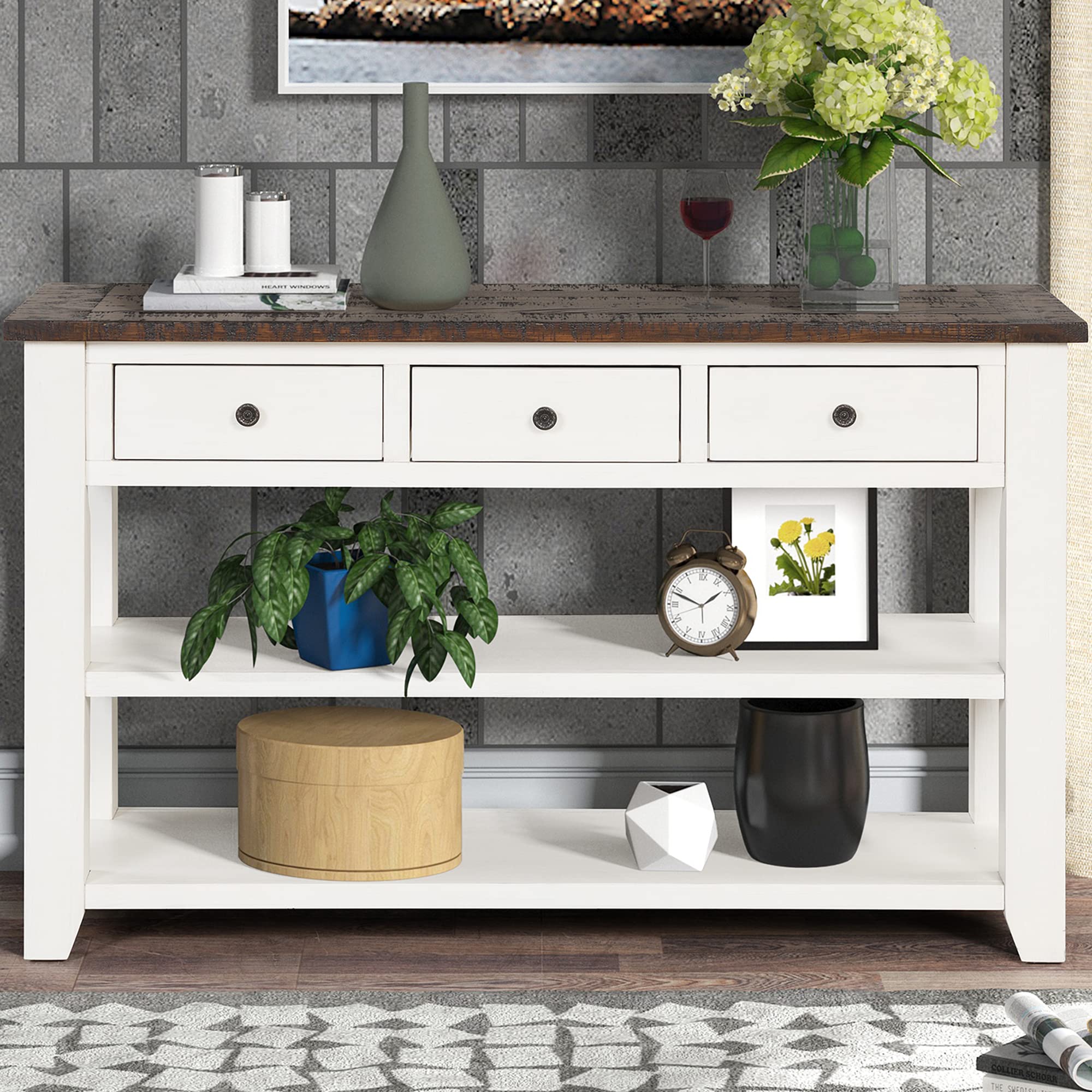 Gecheer 48" Solid Pine Wood Top Console Table, Modern Entryway Sofa Side Table with 3 Storage Drawers and 2 Shelves. Easy to Assemble (Antique White+ Brown Top) 2497B