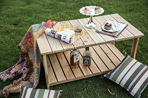 LOKATSE HOME Outdoor Coffee Table Natural Wood Patio Furniture with 2-Shelf Storage Organizer