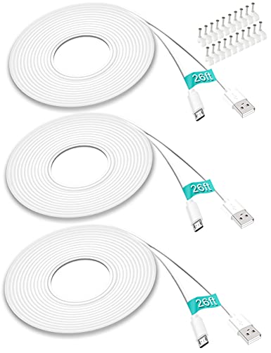 SIOCEN 3 Pack 26FT Micro USB Cable Power Extension Cord for Wyze Cam,WyzeCam Pan,YI Cam,YI Dome Home Camera,Kasa Cam,Oculus Go,Furbo Dog,Nest Cam,Blink,Long Charging Wire for Security Cameras