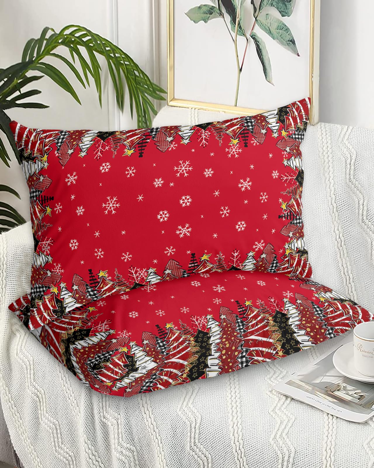 Red Christmas Tree Pillowcases Queen Size,2 Packs Soft Bed Throw Pillow Covers Decorative Sofa Couch Long Body Lumbar Bolster Cushion Case Envelope Closure,Snowflake Star Lattice Polka Dots 20" x30