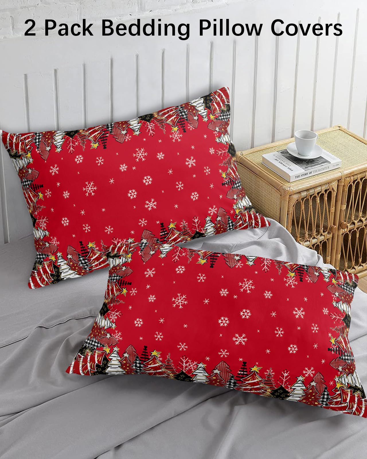 Red Christmas Tree Pillowcases Queen Size,2 Packs Soft Bed Throw Pillow Covers Decorative Sofa Couch Long Body Lumbar Bolster Cushion Case Envelope Closure,Snowflake Star Lattice Polka Dots 20" x30