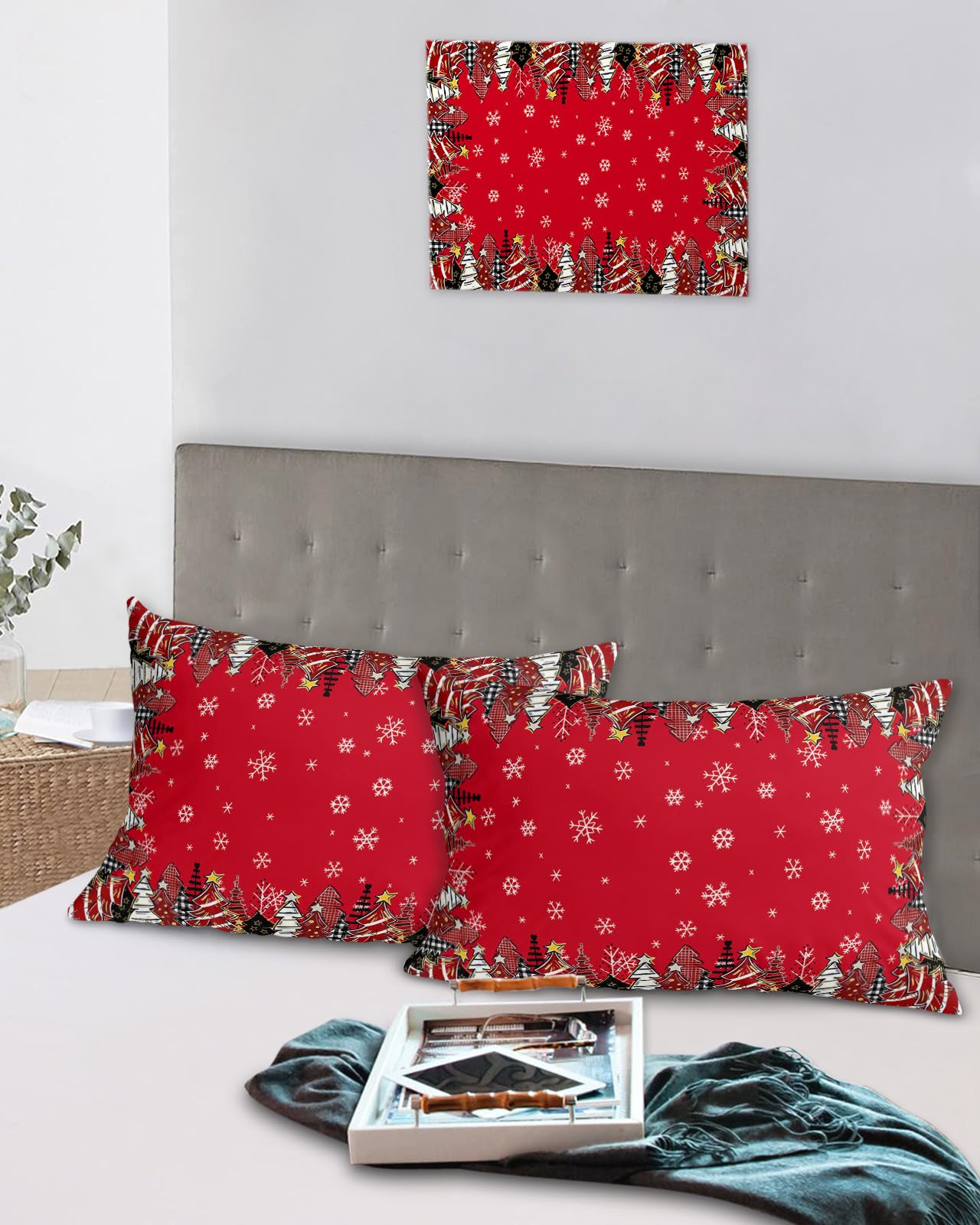 Red Christmas Tree Pillowcases Queen Size,2 Packs Soft Bed Throw Pillow Covers Decorative Sofa Couch Long Body Lumbar Bolster Cushion Case Envelope Closure,Snowflake Star Lattice Polka Dots 20" x30