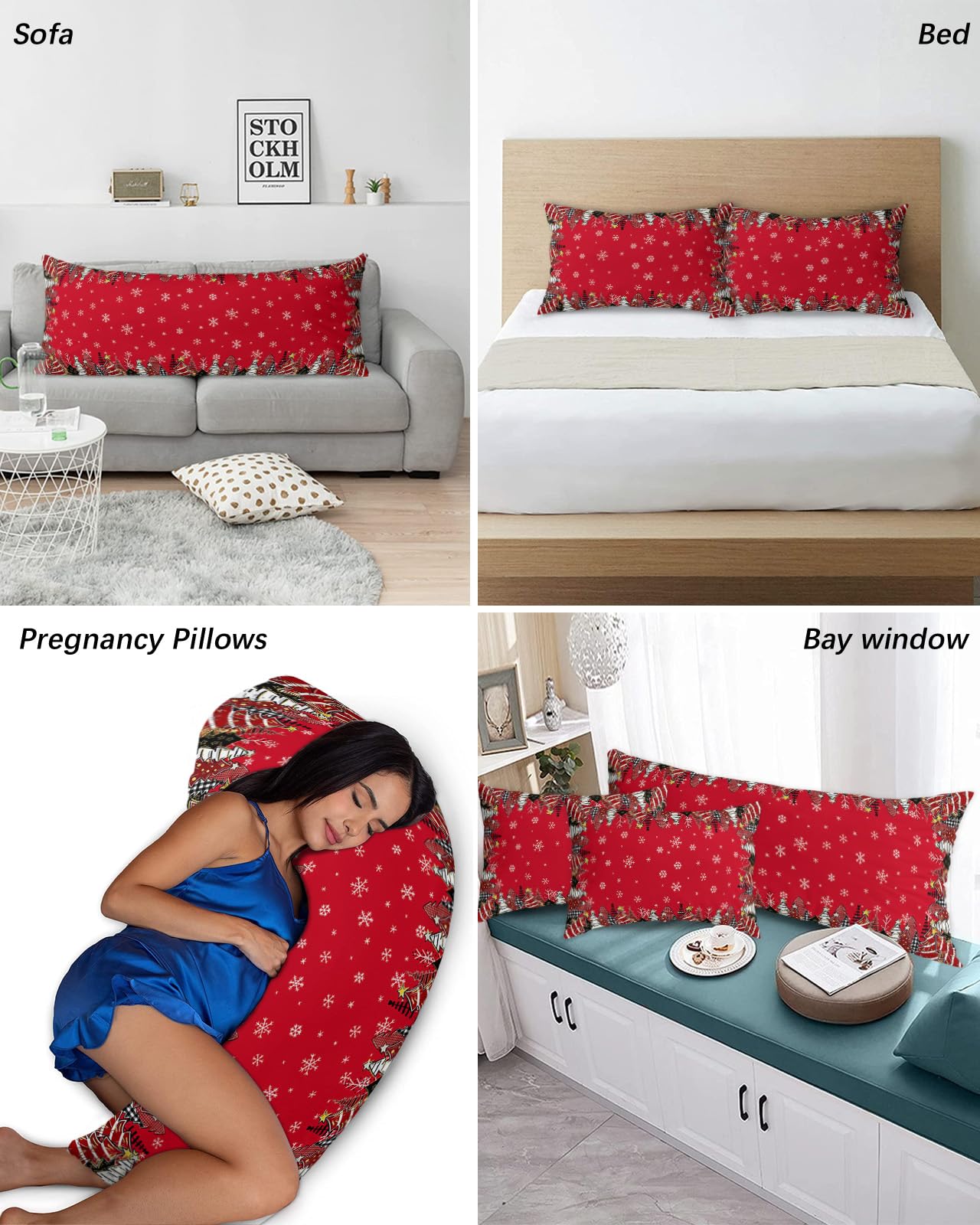 Red Christmas Tree Pillowcases Queen Size,2 Packs Soft Bed Throw Pillow Covers Decorative Sofa Couch Long Body Lumbar Bolster Cushion Case Envelope Closure,Snowflake Star Lattice Polka Dots 20" x30