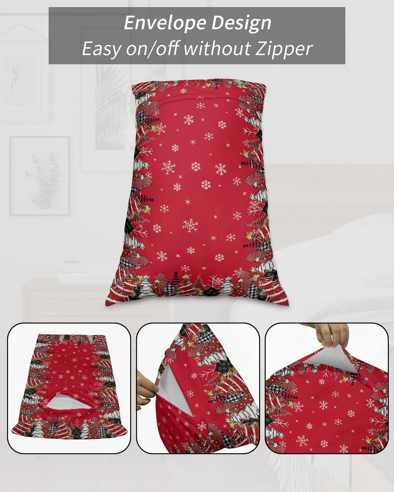 Red Christmas Tree Pillowcases Queen Size,2 Packs Soft Bed Throw Pillow Covers Decorative Sofa Couch Long Body Lumbar Bolster Cushion Case Envelope Closure,Snowflake Star Lattice Polka Dots 20" x30