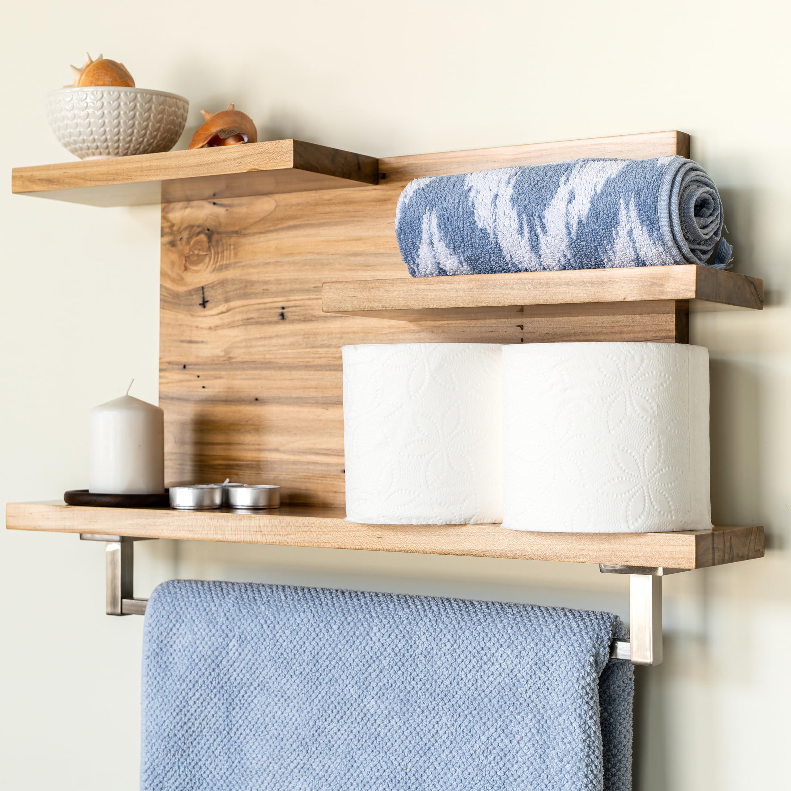 Straga Rustic Wall Mounted Bathroom Shelves - 23" Hardwood Shelf Organizers with 18" Towels Holder - A Modern Addition To Your Bathroom, Powder Room, Guest Bathroom and More (Wormy Maple)
