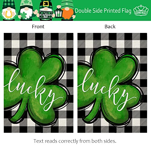 CROWNED BEAUTY St Patricks Day Garden Flag 12x18 Inch Double Sided for Outside Small Burlap Green Shamrock Lucky Black White Buffalo Plaid Yard Holiday Flag CF737-12