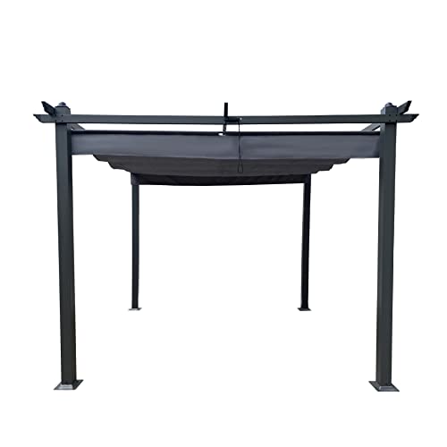 Outdoor Patio Retractable Pergola, Black Steel Frame with Gray Adjustable Sling Canopy Sunshelter Pergola for Gardens, Terraces, Backyard (10 Ft x 10 Ft, Gray)