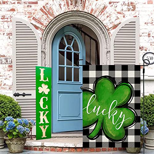 CROWNED BEAUTY St Patricks Day Garden Flag 12x18 Inch Double Sided for Outside Small Burlap Green Shamrock Lucky Black White Buffalo Plaid Yard Holiday Flag CF737-12
