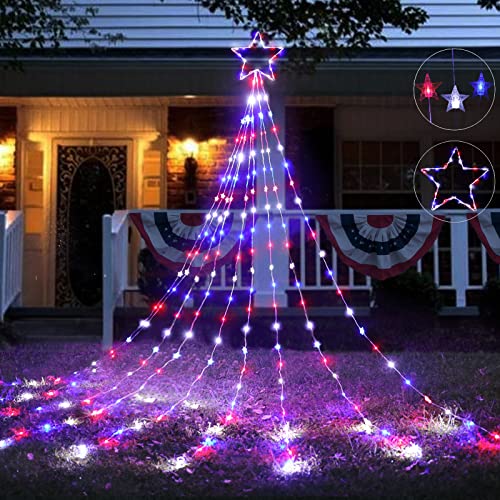FunNite 4th of July Outdoor Star String Lights, 13ft 240 LED Red White and Blue Curtain Lights Patriotic Fairy Lights Waterproof for Independence Day Tree Yard Garden Wall Party Holiday Decor