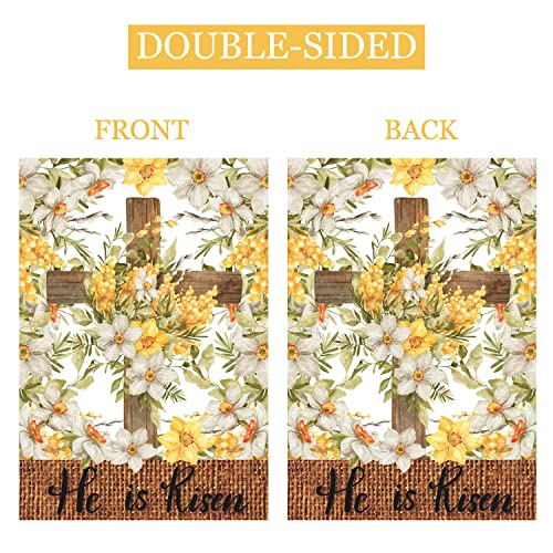 Linen He Is Risen Spring Easter Garden Flag Double Sided Welcome Farmhouse Yard Outdoor Decoration Cross Daffodil Flower Garden Flag Yard 12.5" X 18"