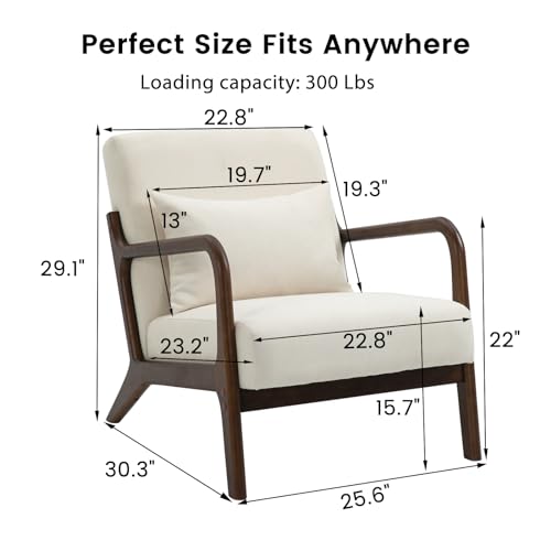 Unovivy Mid-Century Modern Accent, Upholstered Lounge Armchair with Wood Frame Thick Padded Backrest & Seat Cushion, Single Sofa Chair for Living, Bedroom, Reading Room, β30" Depth, White
